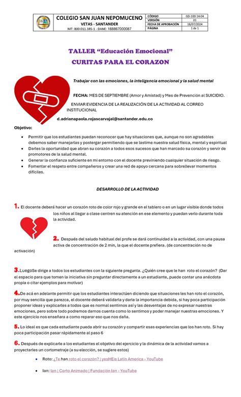 Curitas Para El Corazón Secundaria Colegio San Juan Nepomuceno Vetas Santander Nit 800 011