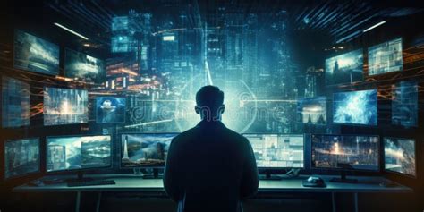 Back View Of The Male Computer Engineer And Scientist Create Neural