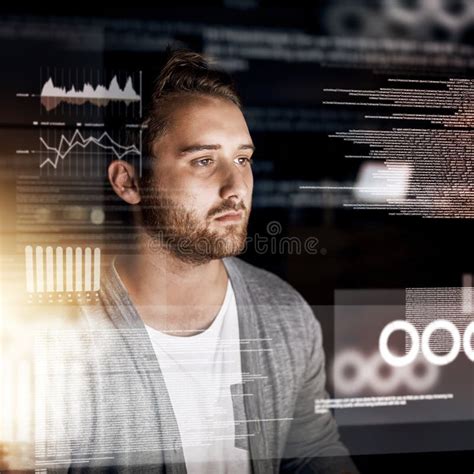 Man Data And Night With Overlay For Analytics Future Development Or Statistics Of Dashboard