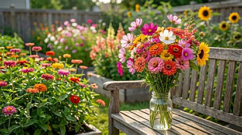 Freshly Cut Colorful Bouquet Of Zinnias And Cosmos