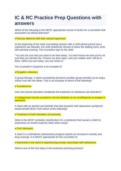 IC RC Practice Prep Questions With Answers Exams Nursing Docsity