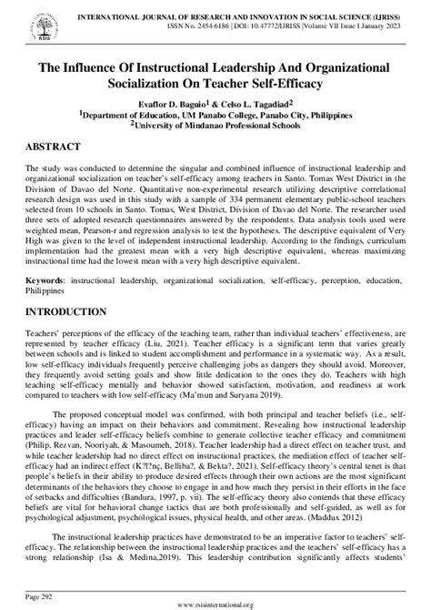 Pdf The Influence Of Instructional Leadership And Organizational Socialization On Teacher Self