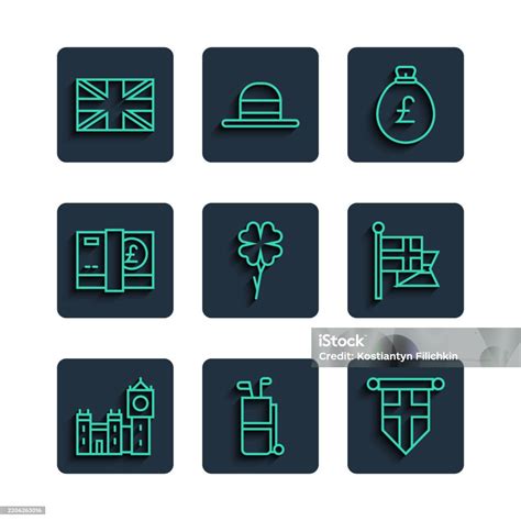 세트 라인 빅 벤 타워 클럽이 달린 골프 가방 페넌트에 잉글랜드 국기 머니 파운드 네 잎 클로버 파운드 스털링 머니 영국 국기 및 깃대 아이콘 벡터 4가지 개체에 대한 스톡