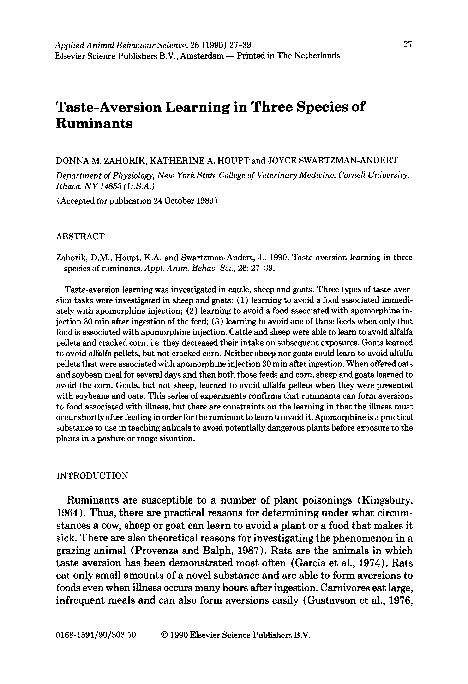 Pdf Taste Aversion Learning In Three Species Of Ruminants