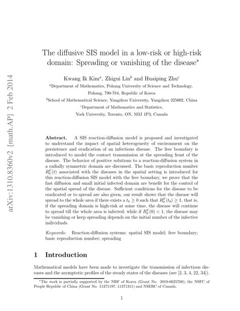 Pdf The Diffusive Sis Model In A Low Risk Or High Risk Domain Spreading Or Vanishing Of The