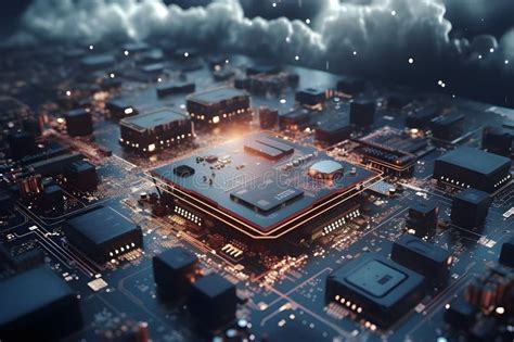 Generative Ai 3d Render Of Neon Microchip Circuit Board With Floating Cloud Stock Illustration