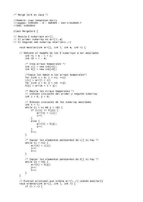 Tp Merge Sort Modulo 4 Merge Sort En Java Nombre Juan Sebastian Norry Legajo