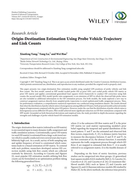 Pdf Origin Destination Estimation Using Probe Vehicle Trajectory And