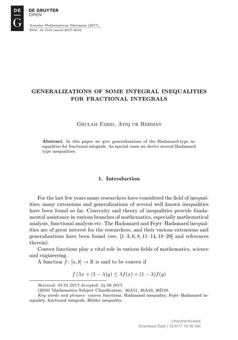Pdf Generalizations Of Some Integral Inequalities For Fractional Integrals
