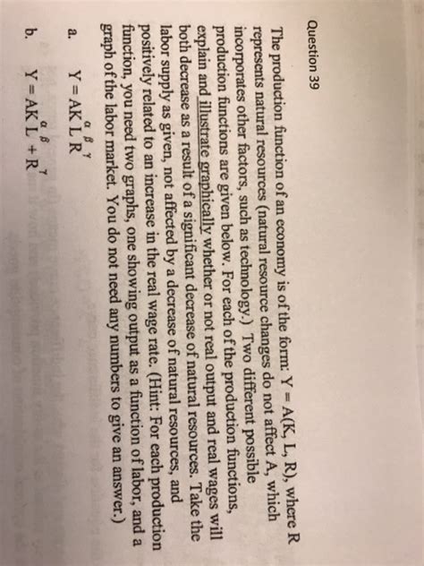 Solved The Production Function Of An Economy Is Of The Form