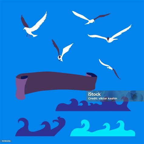 벡터 일러스트입니다 갈매기 파도 리본 메뉴의 설정 합니다 파란색 배경에 고립 된 개체입니다 갈매기에 대한 스톡 벡터 아트 및 기타 이미지 Istock