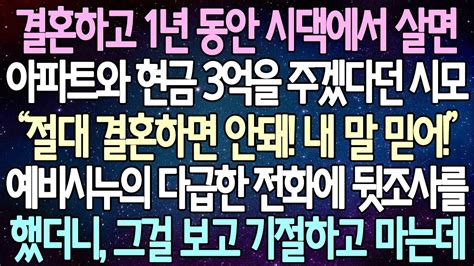 반전 사연 결혼하고 1년 동안 시댁에서 살면 아파트와 현금 3억을 주겠다던 시모 예비시누의 다급한 전화에 뒷조사를 했더니