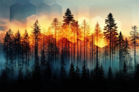 Abstract Tree Patterns Combined With Hexagonal Grid Overlays Blend