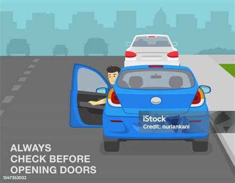 안전 운전 요령 및 교통 규제 규칙 문을 열기 전에 항상 확인하십시오 남성 운전자가 차 문을 열고 뒤를 돌아본다 거리에 대한