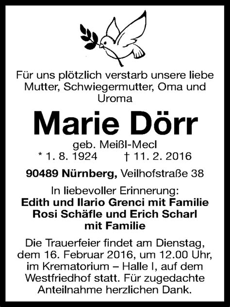 Traueranzeigen Von Marie Dörr Trauernnde