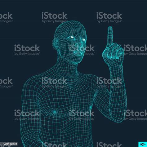 남자는 그의 손가락을 가리키는입니다 남자 기하학적 디자인의 3d 모델입니다 벡터 일러스트입니다 3d 다각형 덮 음 피부입니다 인간의 다각형 몸입니다 인체 와이어 모델입니다