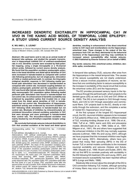 Pdf Increased Dendritic Excitability In Hippocampal Ca1 In Vivo In