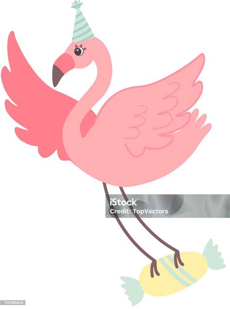 사탕 아름 다운 이국적인 새 캐릭터 벡터 일러스트와 비행 파티 모자를 착용 귀여운 플라밍고 0명에 대한 스톡 벡터 아트 및 기타 이미지 Istock