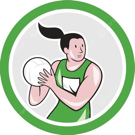 Jogador De Netball Pegando Bola Círculo Cartoon Feminino Pulando