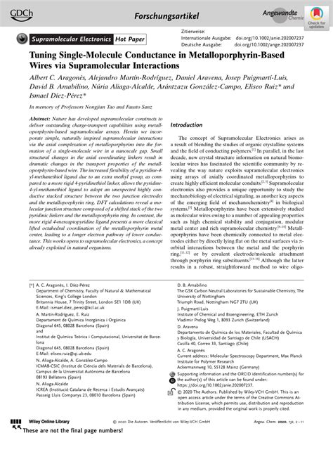 Pdf Tuning Single‐molecule Conductance In Metalloporphyrin‐based Wires Via Supramolecular