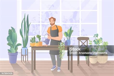 물을 수있는 사람은 관엽 식물을 돌 봅니다 가정 정원에서 화분에 심은 식물 관리 정원 가꾸기 취미와 아늑한 가정 생활 개념 만화 평면 벡터 그림입니다 가정 생활에 대한 스톡