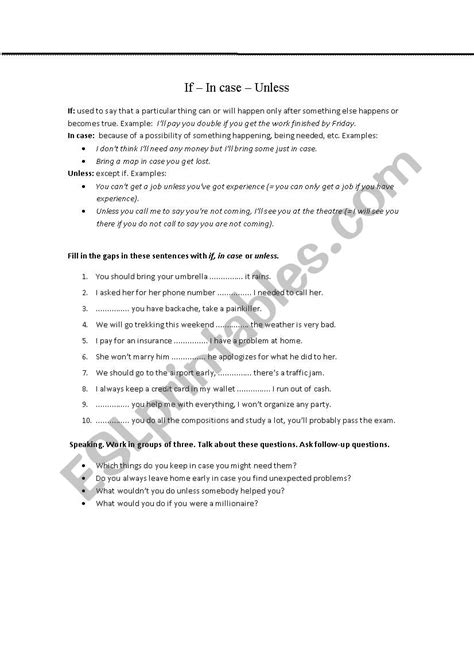 If In Case Or Unless ESL Worksheet By Nandoromeu