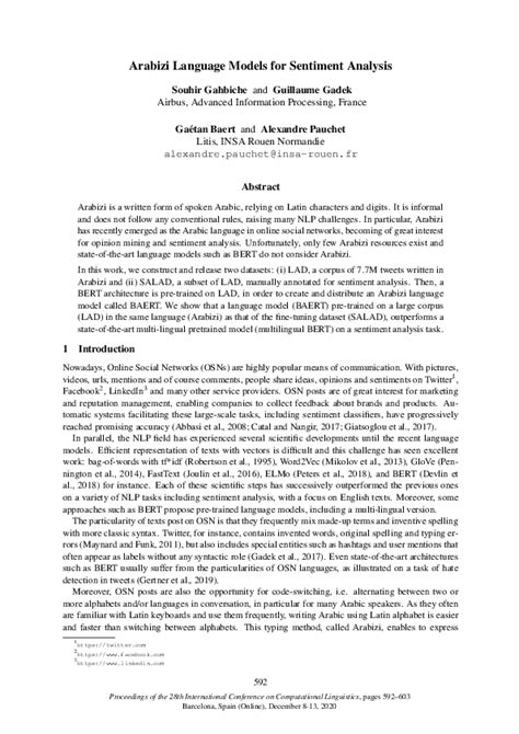 Pdf Arabizi Language Models For Sentiment Analysis