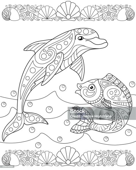 Page For Sea Book 돌고래 물고기 파도와 전구를 가진 색칠 공부 책 스톡 일러스트레이션 바다의 주민들에 관한 벡터