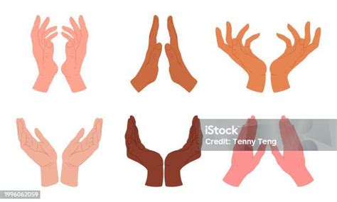 만화 손 기호입니다 인간의 손 제스처 다양한 피부색 손바닥 표현 평면 벡터 일러스트 레이 션 세트 손 수화 언어 통하고 있는 바탕에 가리키기에 대한 스톡 벡터 아트 및 기타