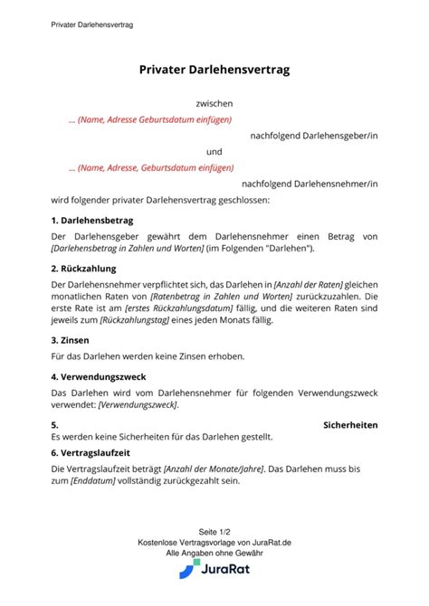 Privater Darlehensvertrag Ratgeber Pdf Word Vorlage