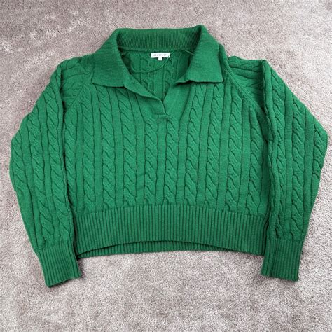 Green Cable Knit Sweater Size L V Neck Collared Cropp Gem