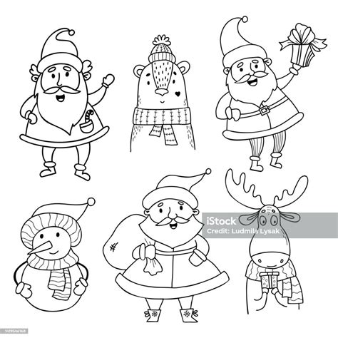 컬렉션 낙서 만화 겨울 크리스마스 캐릭터 가방과 선물이있는 귀여운 노인 산타 클로스 니트 스카프와 모자에 눈사람과 곰 상자가있는 엘크 고립 된 벡터 손 그림 크리스마스에