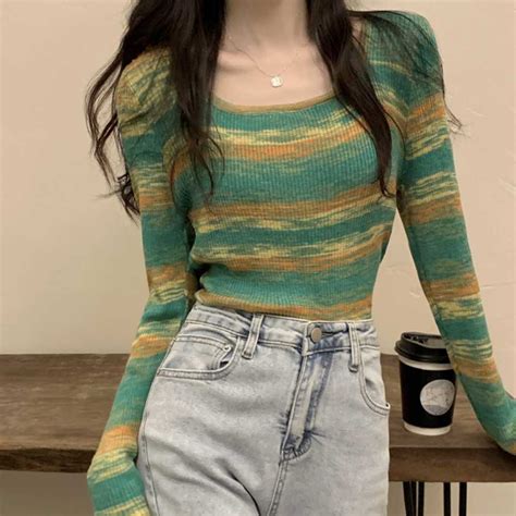 저스트메리드 그린 스트라이프 줄무늬 슬림 긴팔 티셔츠 J21