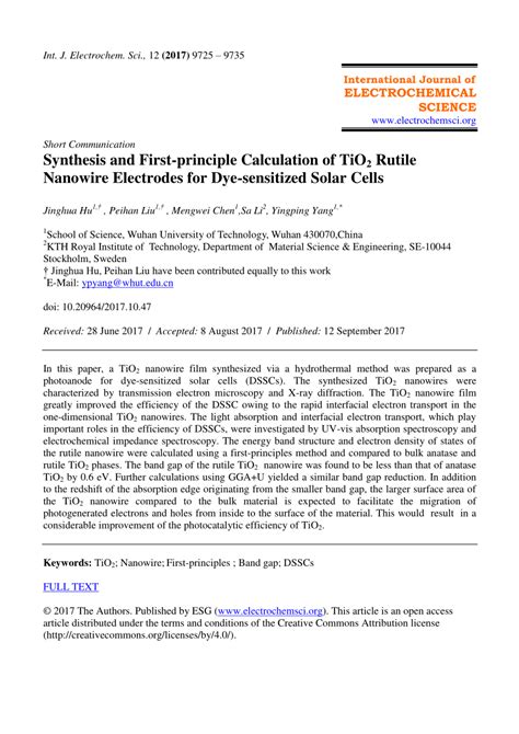 Pdf Synthesis And First Principle Calculation Of Tio2 Rutile Nanowire Electrodes For Dye