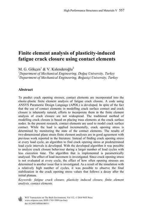 Pdf Finite Element Analysis Of Plasticity Induced Fatigue Crack
