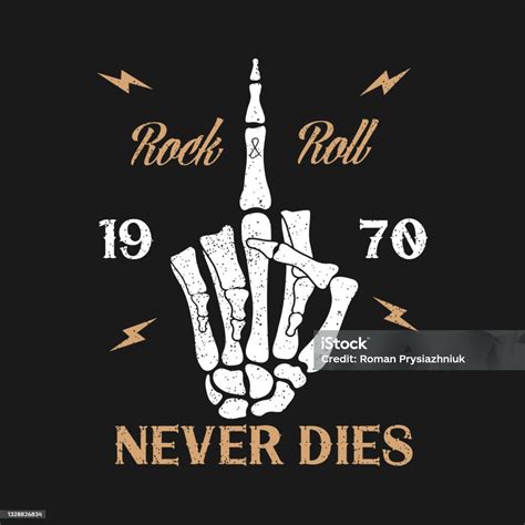 T 셔츠용 로큰롤 음악 그런지 타이포그래피 스켈레톤 핸드가 있는 옷 디자인은 가운데 손가락 제스처를 보여줍니다 슬로건 로큰롤은 죽지 않습니다 인쇄 의류그래픽 벡터 굴리기에