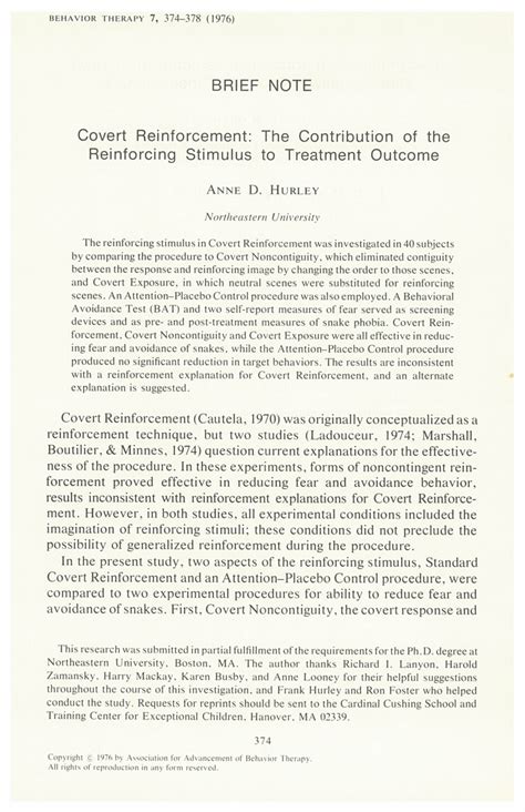Pdf Covert Reinforcement The Contribution Of The Reinforcing Stimulus To Treatment Outcome