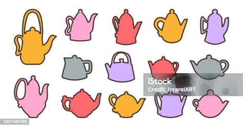 컬러 낙서 스타일의 세라믹 주전자의 벡터 일러스트레이션 로고 차 및 커피 포장 디자인을위한 만화 스타일의 찻주전자 귀여운 주전자 가정 생활에 대한 스톡 벡터 아트 및 기타