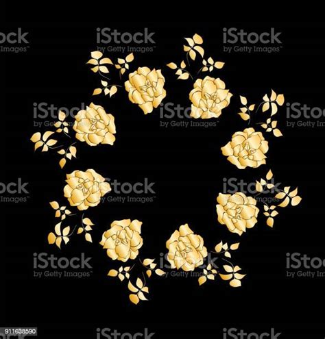 황금 장미 꽃 화 환 손 그려진된에 고립 된 검정색 배경 프레임 안 내장 결혼 생일 카드 대 한 둥근 벡터 일러스트 레이 션