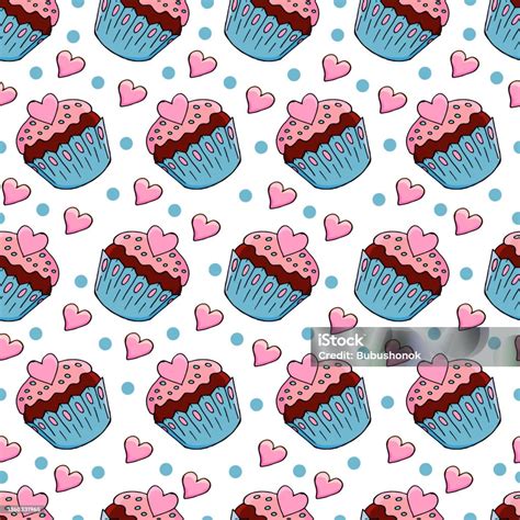달콤한 페이스트리가 있는 매끄러운 패턴 벡터 그림입니다 귀여운 머핀 컵 케이크 마음이 있는 배경 텍스처 귀여운에 대한 스톡 벡터