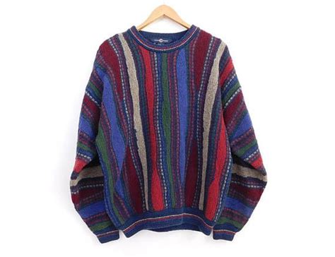 Vintage 90s Mens Sweater Size Xl Textured Striped Red Blue Sweaters