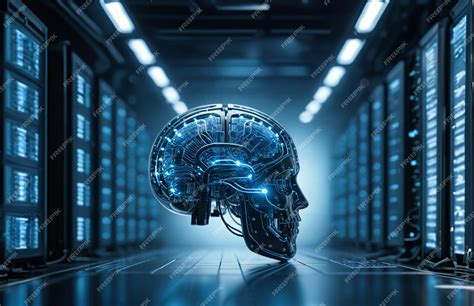 3d Rendering Humanoid Robot In Data Center Or Server Room With Circuit Board Premium Ai