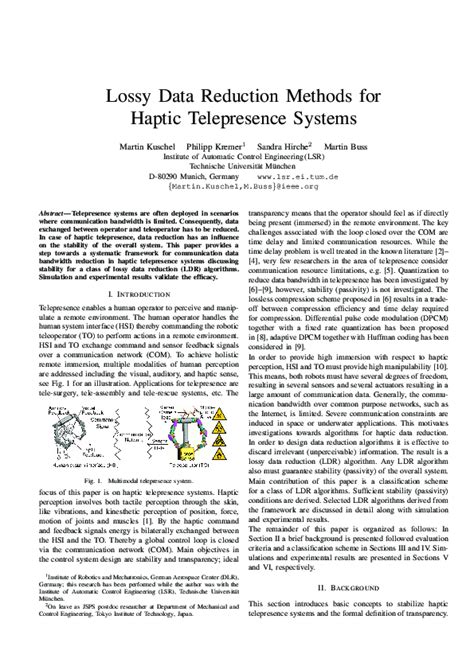 Pdf Lossy Data Reduction Methods For Haptic Telepresence Systems