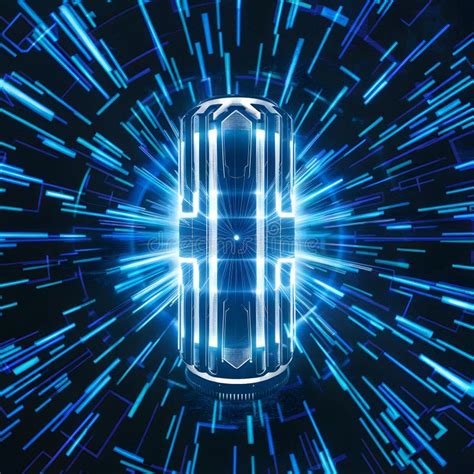 Futuristic Cylindrical Object Emitting Radiant Blue Glow Amidst Digital Matrix Patterns Stock