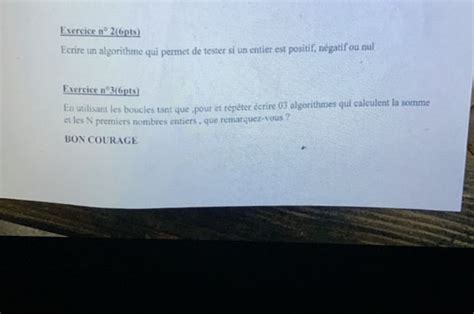 Exercice N Pts Ecrire Un Algorithme Qui Permet De Tester Si Un Entier Est Positif Ngatif Ou