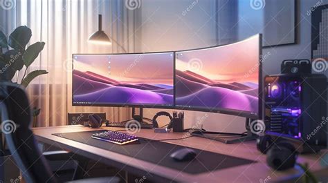 Modern Home Office With Dual Curved Monitors Stock Image Image Of