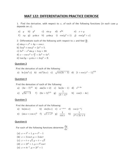 Differentiation Practice Exercise Pdf