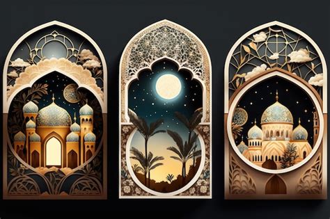 오리엔탈 스타일의 문 모스크 돔과 등불로 장식된 현대적인 보헤미안 디자인의 이슬람 창문과 아치 프리미엄 사진