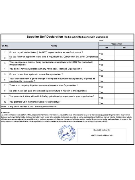 Supplier Self Declaration Pdf