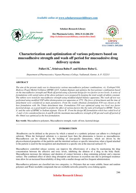 Pdf Characterization And Optimization Of Various Polymers Based On Mucoadhesive Strength And